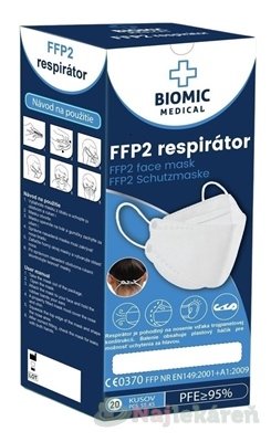BIOMIC Respirátor FFP2, 3-panelový, biely, 20ks | Najlekáreň.eu